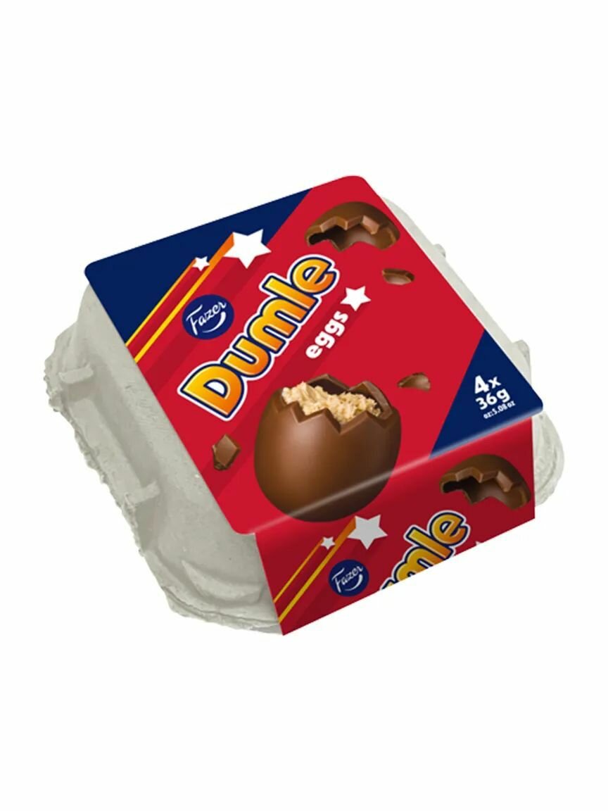 Шоколадные пасхальные яйца Fazer Dumle eggs из молочного шоколада с начинкой из мусса со вкусом карамели (44%) 4 штуки, 4х36 г (из Финляндии)