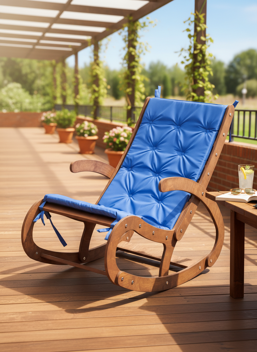 Кресло-качалка "Каминка" для дачи и дома от "Мягкой посадки", венге + синяя подушка