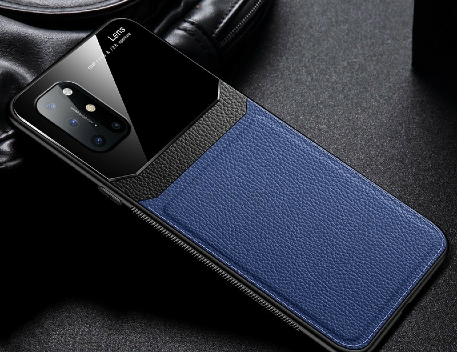 Защитный чехол MyPads для OnePlus 9 синий силикон с кожаной фактурой и стеклянной вставкой