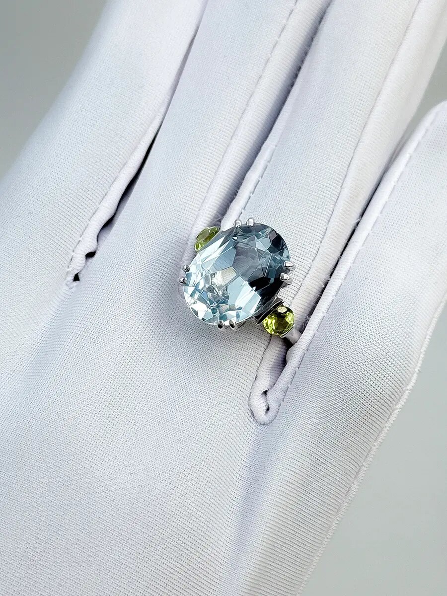 Кольцо, серебро, 925 проба, родирование, хризолит, топаз