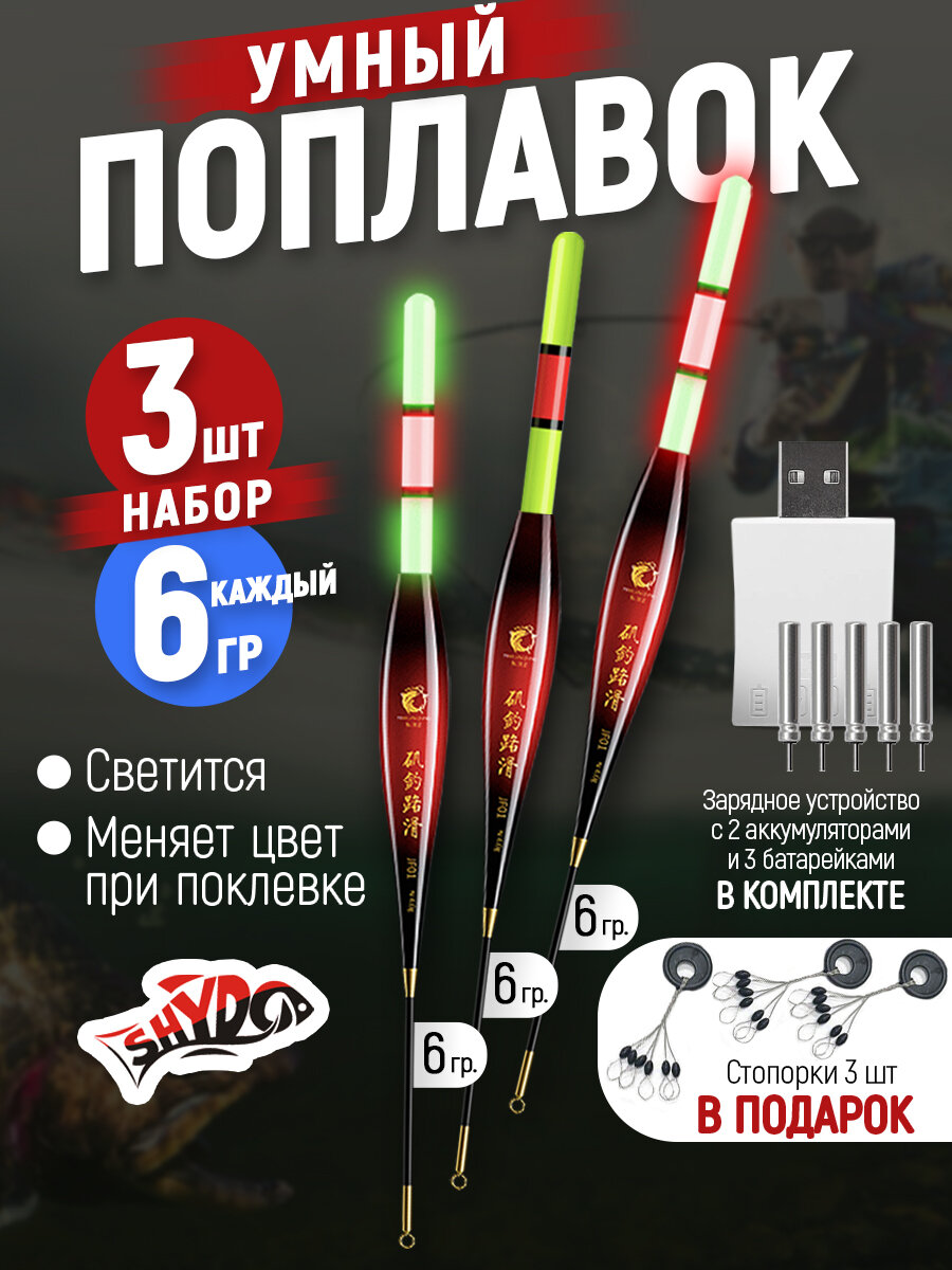 Набор из 3 умных светящихся поплавков с зарядным устройством, вес 6 гр