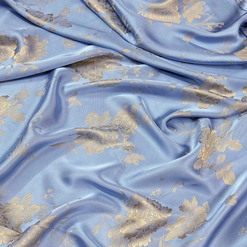 Полиэстер, вискоза, двухцветная жаккардовая ткань с цветочным принтом 150х100 см No. 4baby blue