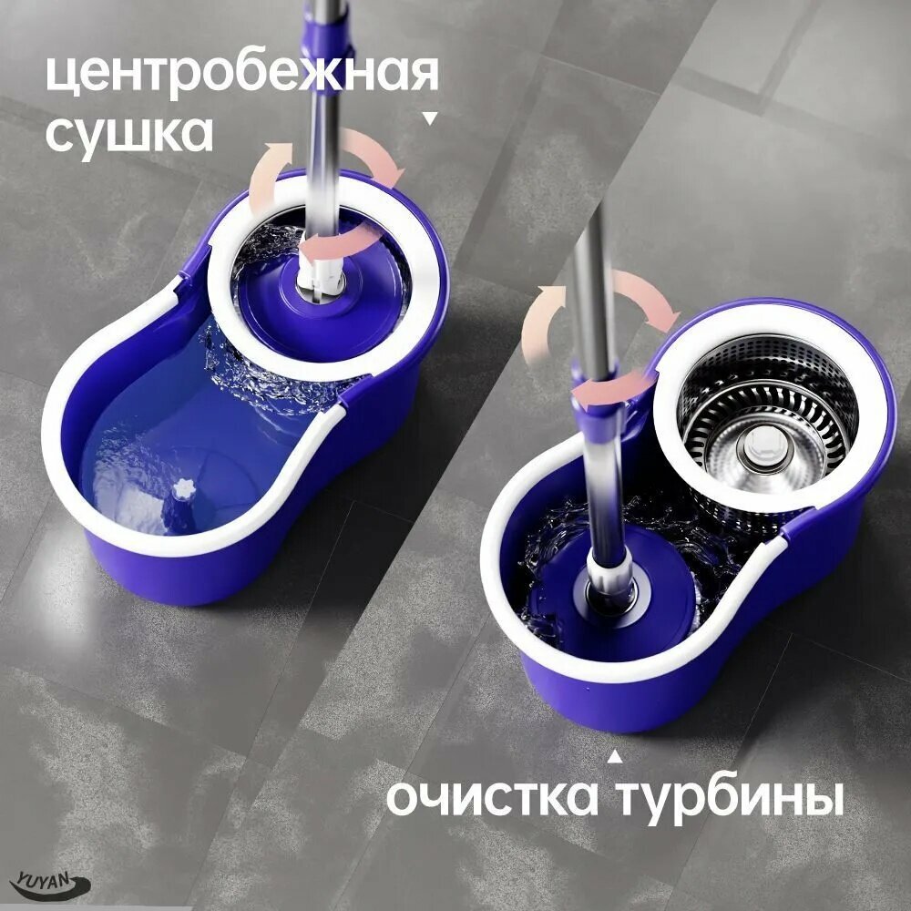 Телескопическая ручка швабры 125см, самоотжимная конструкция, 3 запасных круглых насадки — фото 1