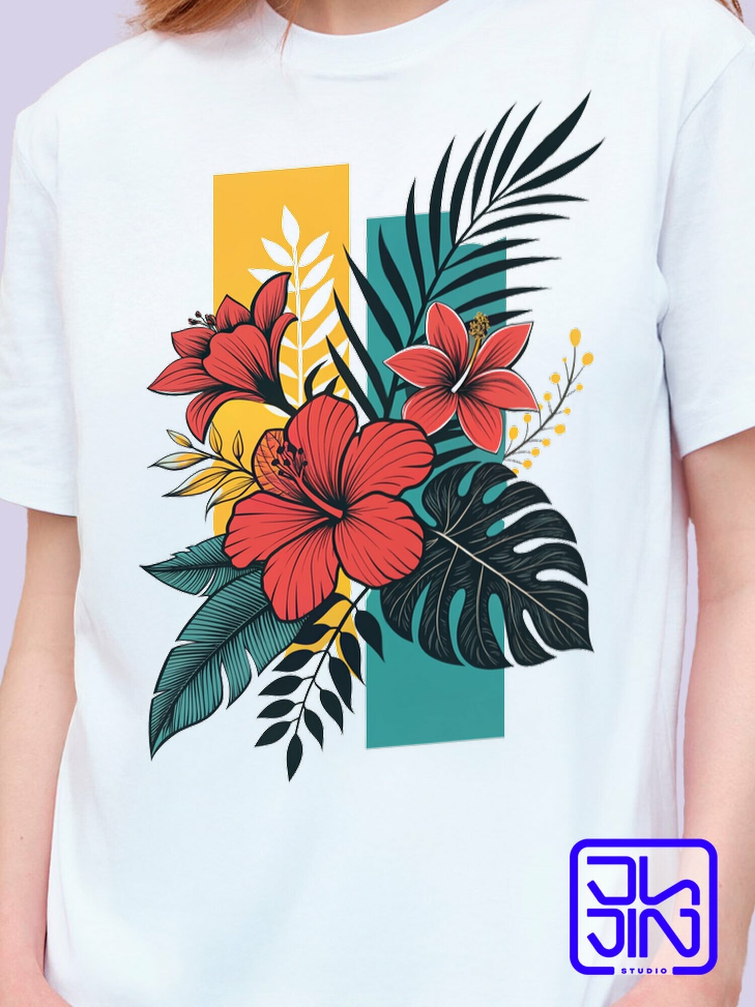 Футболка классическая женская с авторским принтом Выразительный красный букет гибискусов и коралловых цветов с листьями монстеры, белый хлопковый трикотаж с прикольным рисунком на груди