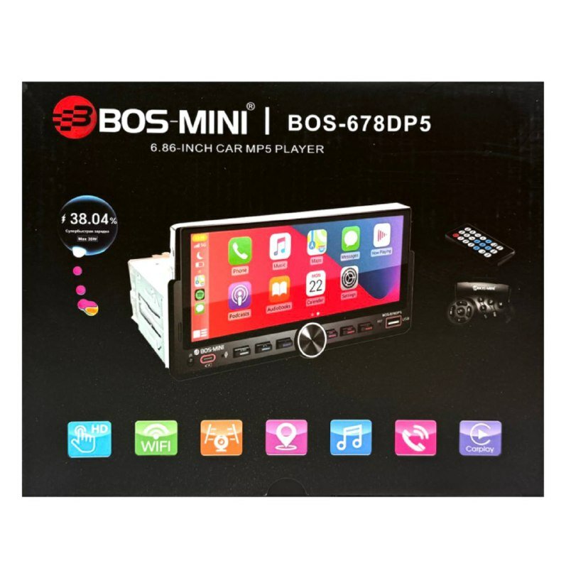 Автомагнитола BOS MINI 678 PD5 55W 1 Din Bluetooth USB AUX CarPlay сенсорный экран