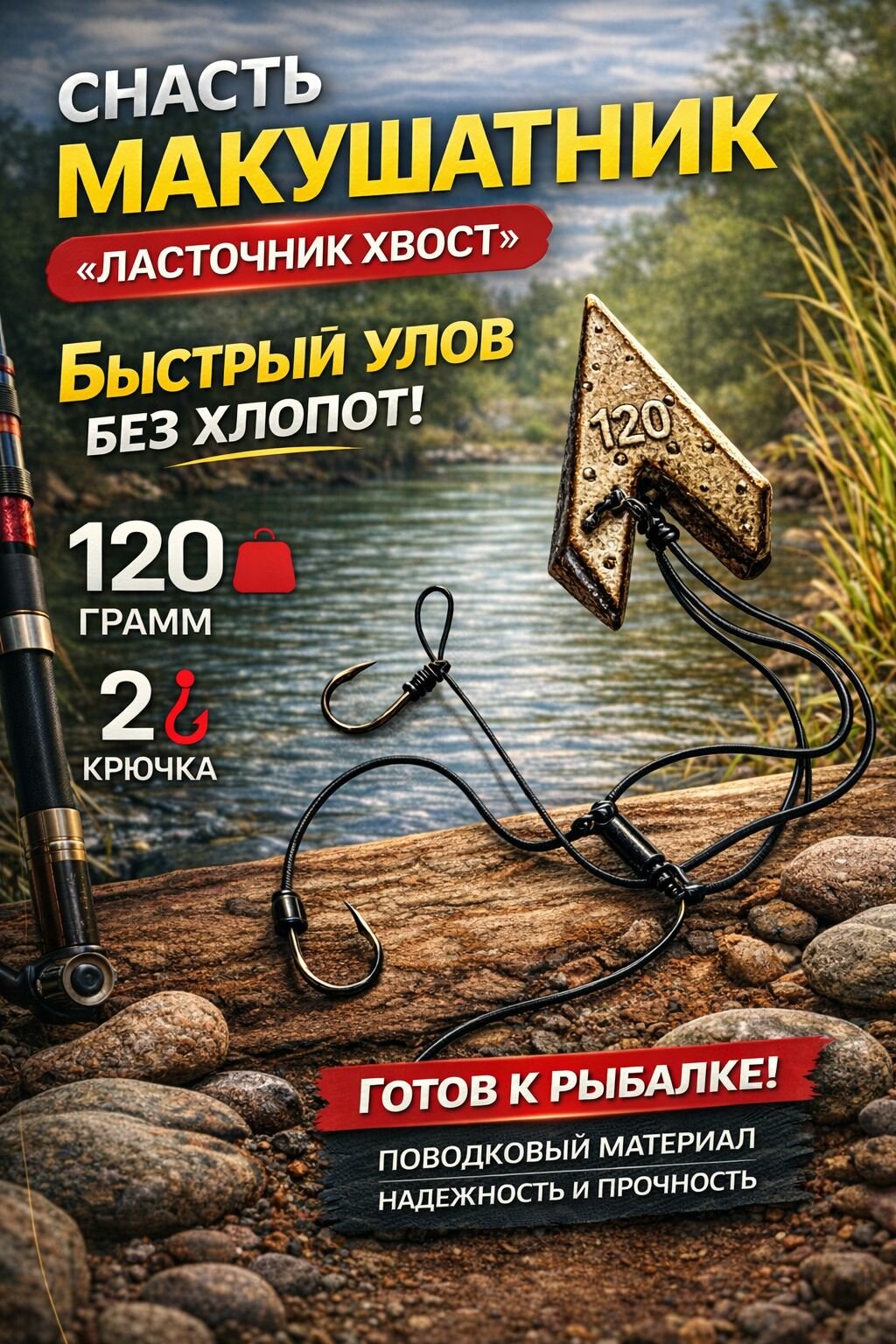 Снасть Макушатник 120 г для ловли карпа и сазана на макуху "Ласточкин хвост", готовая карповая оснастка для донной рыбалки