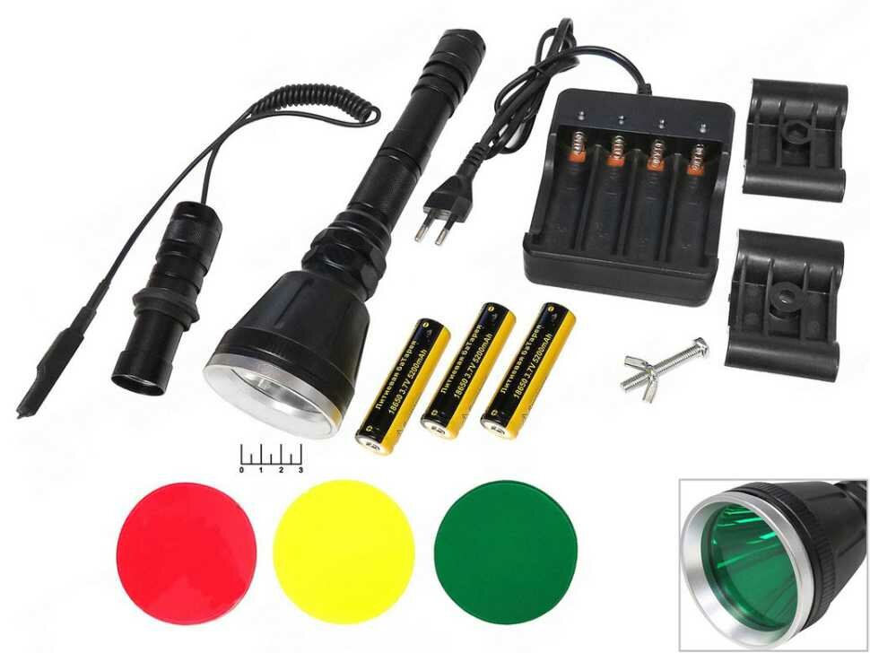 Фонарь 3*18650 1 светодиод аккумуляторный 5000W HQ-532-T6 + з/у + 3 светофильтра