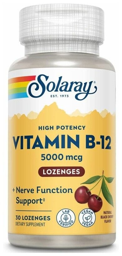Витамины Solaray "Vitamin B-12", пастилки, вишня, 5000мкг, 30 штук
