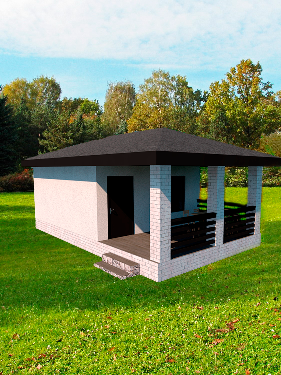 Проект одноэтажной бани из блока с террасой, комнатой отдыха 9,0х5,20