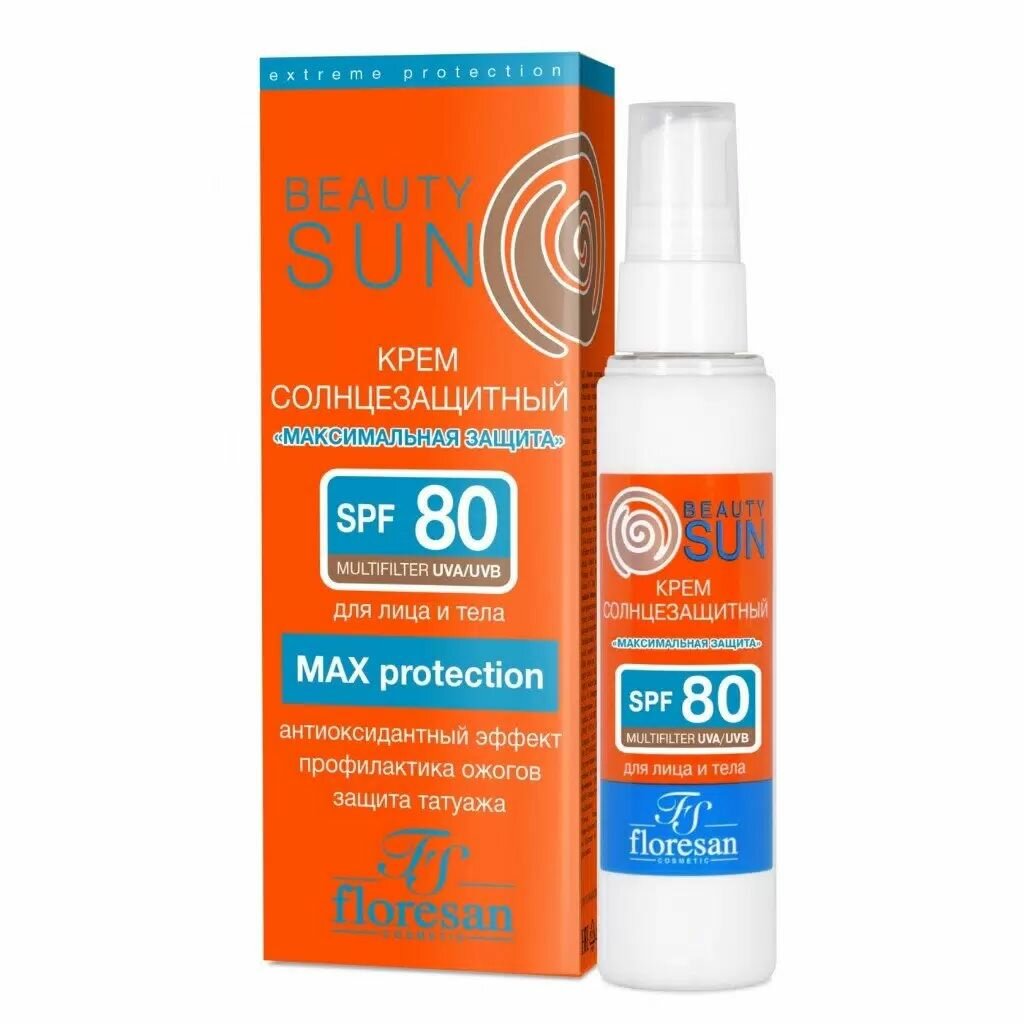 Солнцезащитный крем Floresan Beauty Sun SPF 80 для лица и тела, максимальная защита от солнца и ожогов, 75 мл