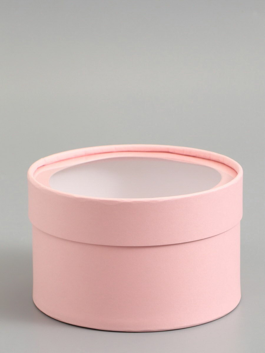 Подарочная коробка круглая, розовая, завальцованная с окном, 16x11 см