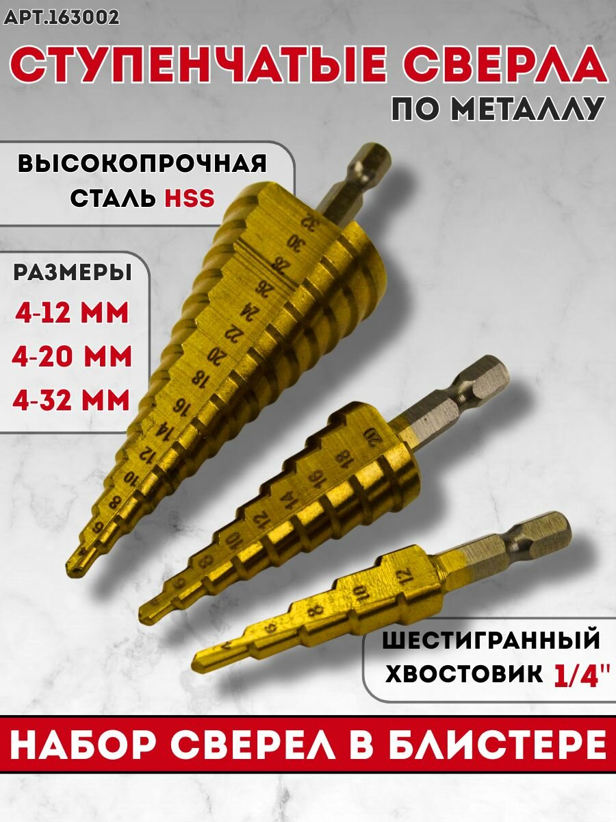 Набор ступенчатых сверл по металлу 4-32 мм (3 шт.) - конусные сверла HSS в блистере (морковки)