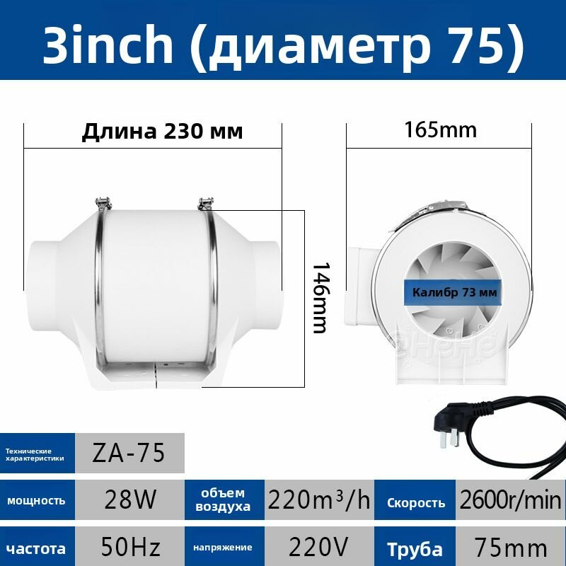 Мощный канальный вытяжной вентилятор, D75