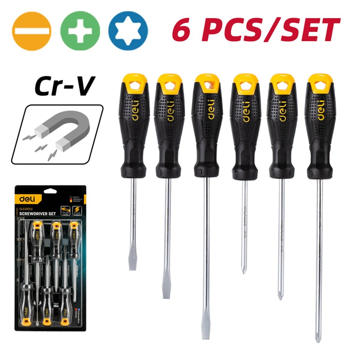 Набор отверток Deli DL620006 6шт SL5x75 + SL5x100 + SL6x150 + PH1x75 + PH1x100 + PH2x150