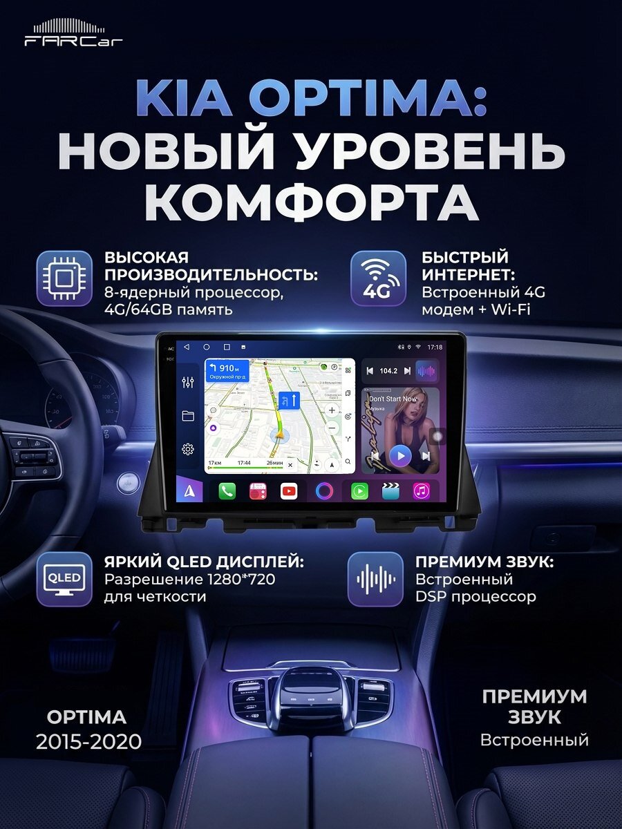 Штатная магнитола КИА Оптима 4 (Kia Optima 4 JF) 2015-2020 на Android 14, WiFi + 4G, CarPlay