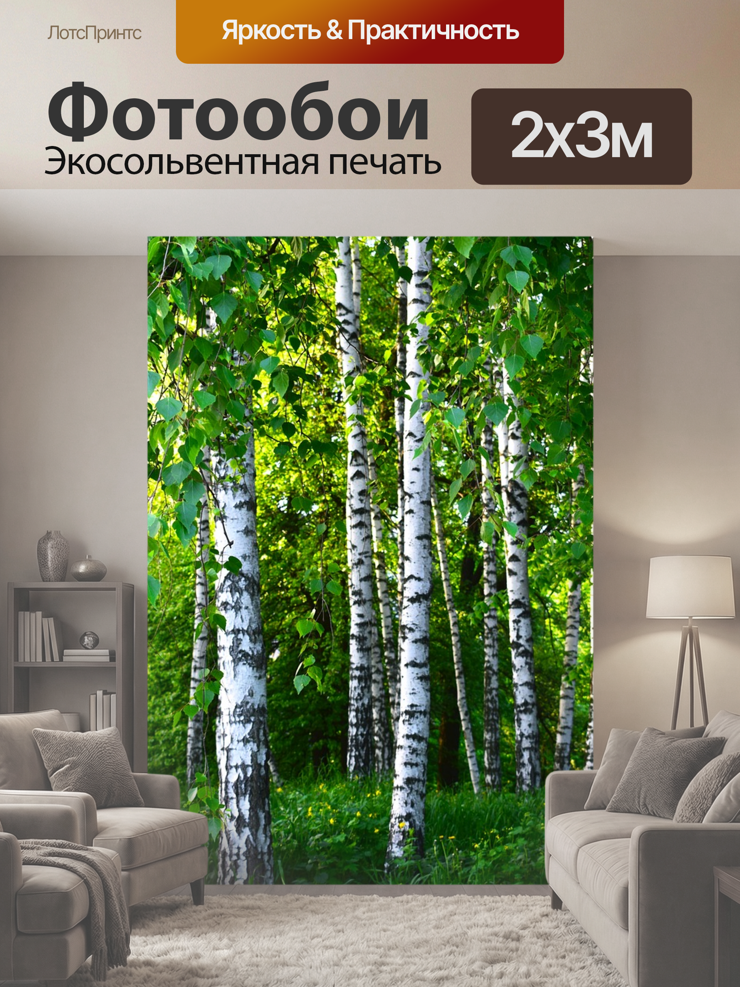 Фотообои "Березы, роща, лес" 200x300 см. экосольвентная печать