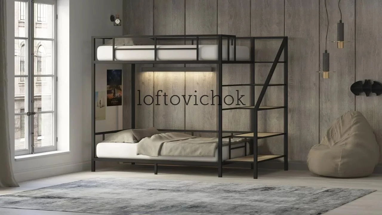 Кровать - чердак двуярусный "Lina" 120*200*190 см чёрная , металлическая, лофт