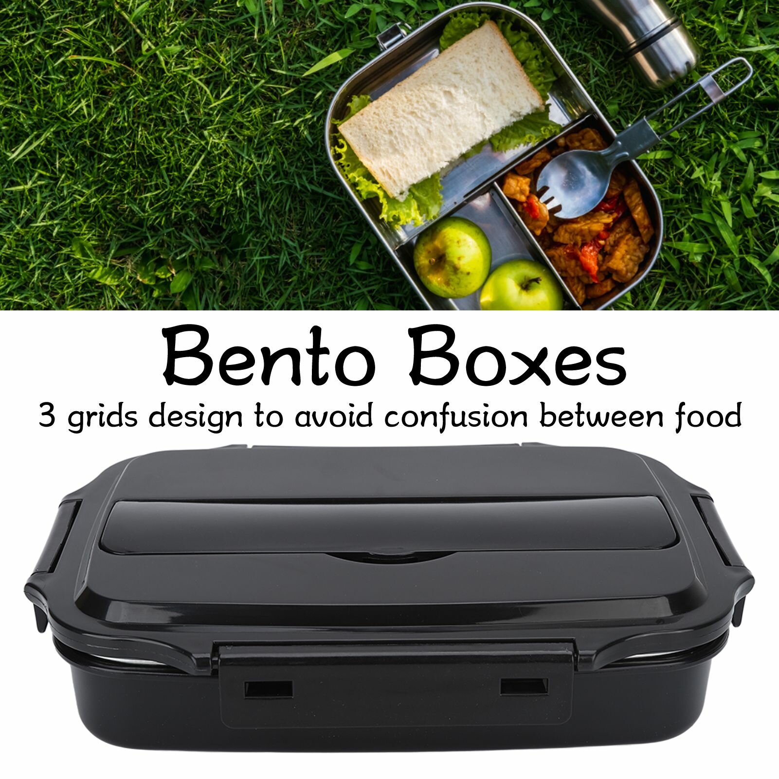 Ланч-бокс Bento с термоизоляцией, 3 сетки, герметичный, из нержавеющей стали 304, ланч-бокс Bento для студентов, школьного офиса, черный