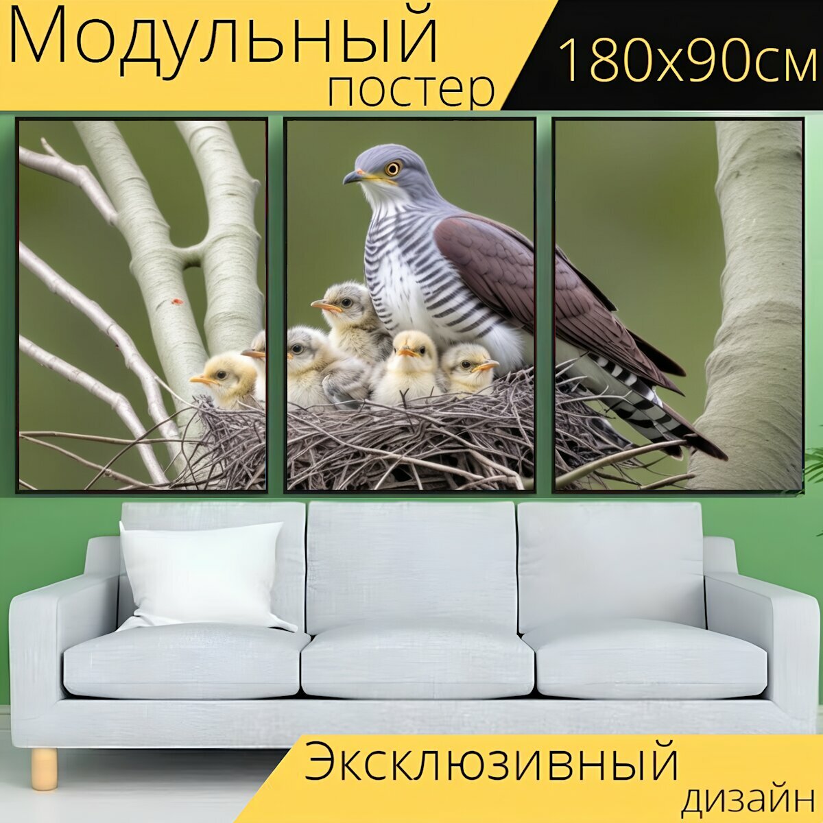Модульный постер "С птенцами кукушка птицы" 180 x 90 см. для интерьера на стену в тубусе