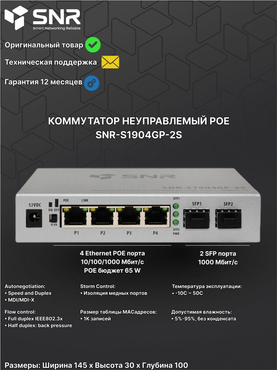 Неуправляемый POE коммутатор/свитч SNR-S1904GP-2S