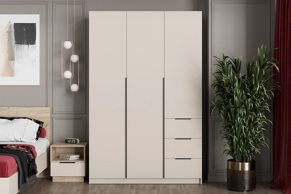 Шкаф трехстворчатый, 3 двери, 1 штанга, 6 полок, Вентуро, 135.2х207.5х51 см, ЛДСП, Кашемир