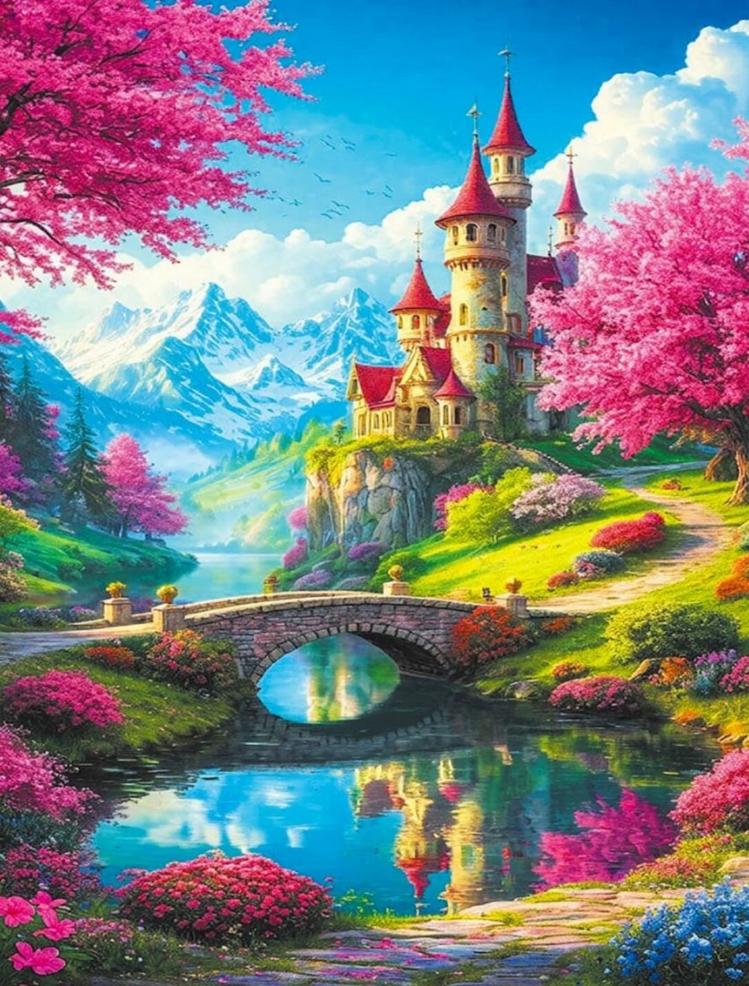 Алмазная мозаика на подрамнике 40*50 "Замок в розовых цветах"