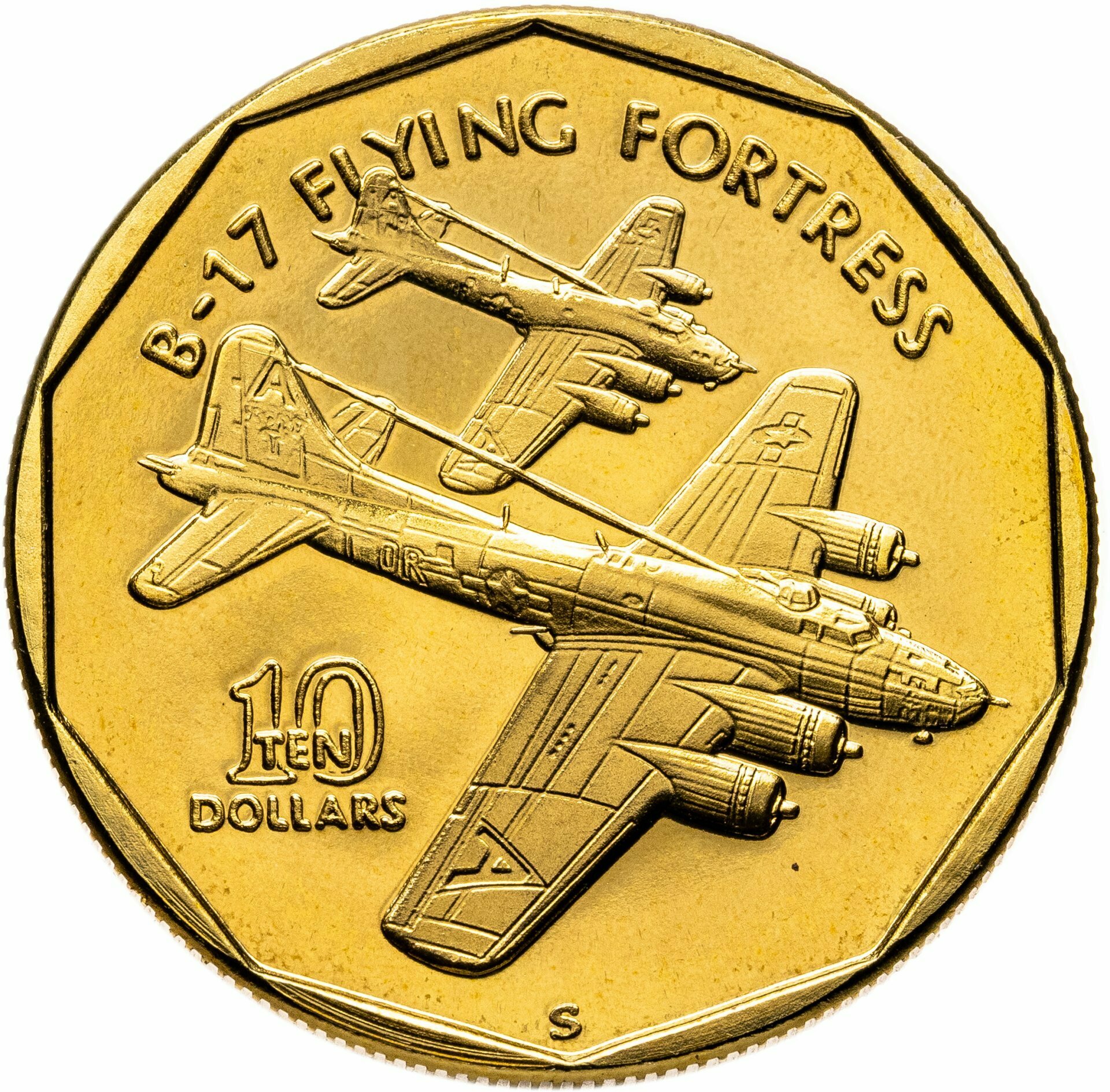 Маршалловы острова 10 долларов 1991 "самолет B - 17 FLYING FORTRESS", Бронза, в сохранности BUNC