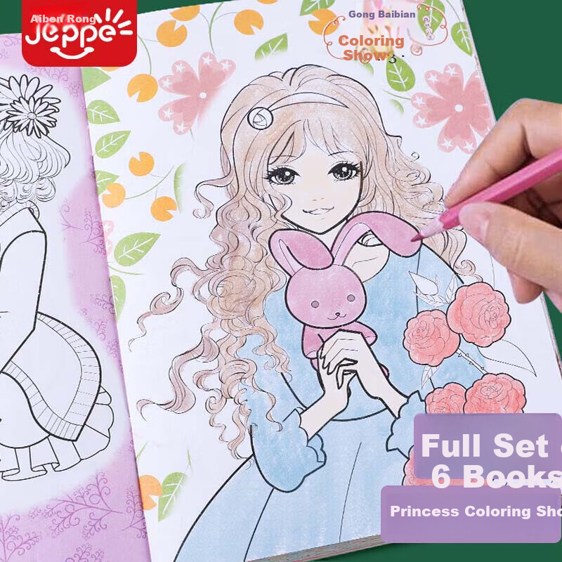 JEPPE Детская раскраска принцессы для детей 3-6 лет - Набор для когнитивного рисования 6 томов + 24 цвета восковых
