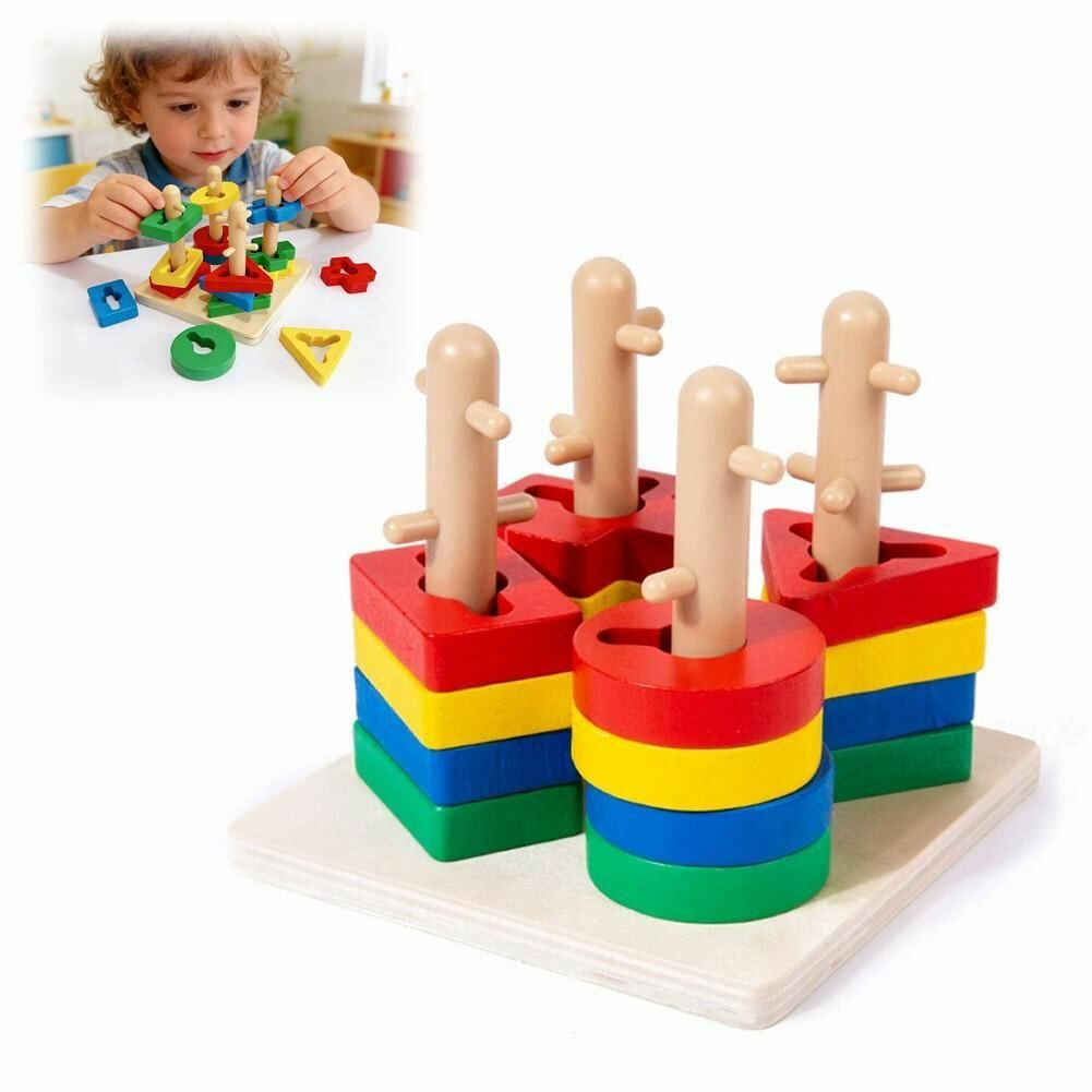 Деревянный сортер для малышей, Развивающая игрушка Монтессори, Геометрические фигуры для детей, Набор столбиков с вкладышами, Игрушка для изучения цветов и форм