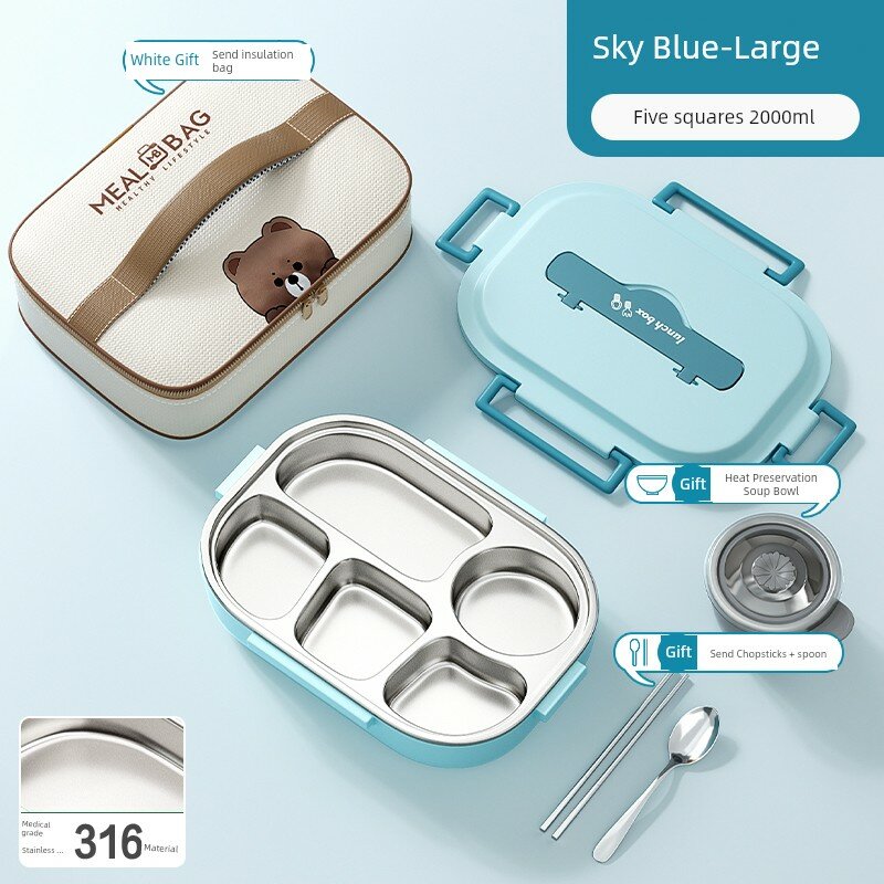 Большой 5-отсековый термосумка с термобоксом, небесно-голубой, нержавеющая сталь 316L