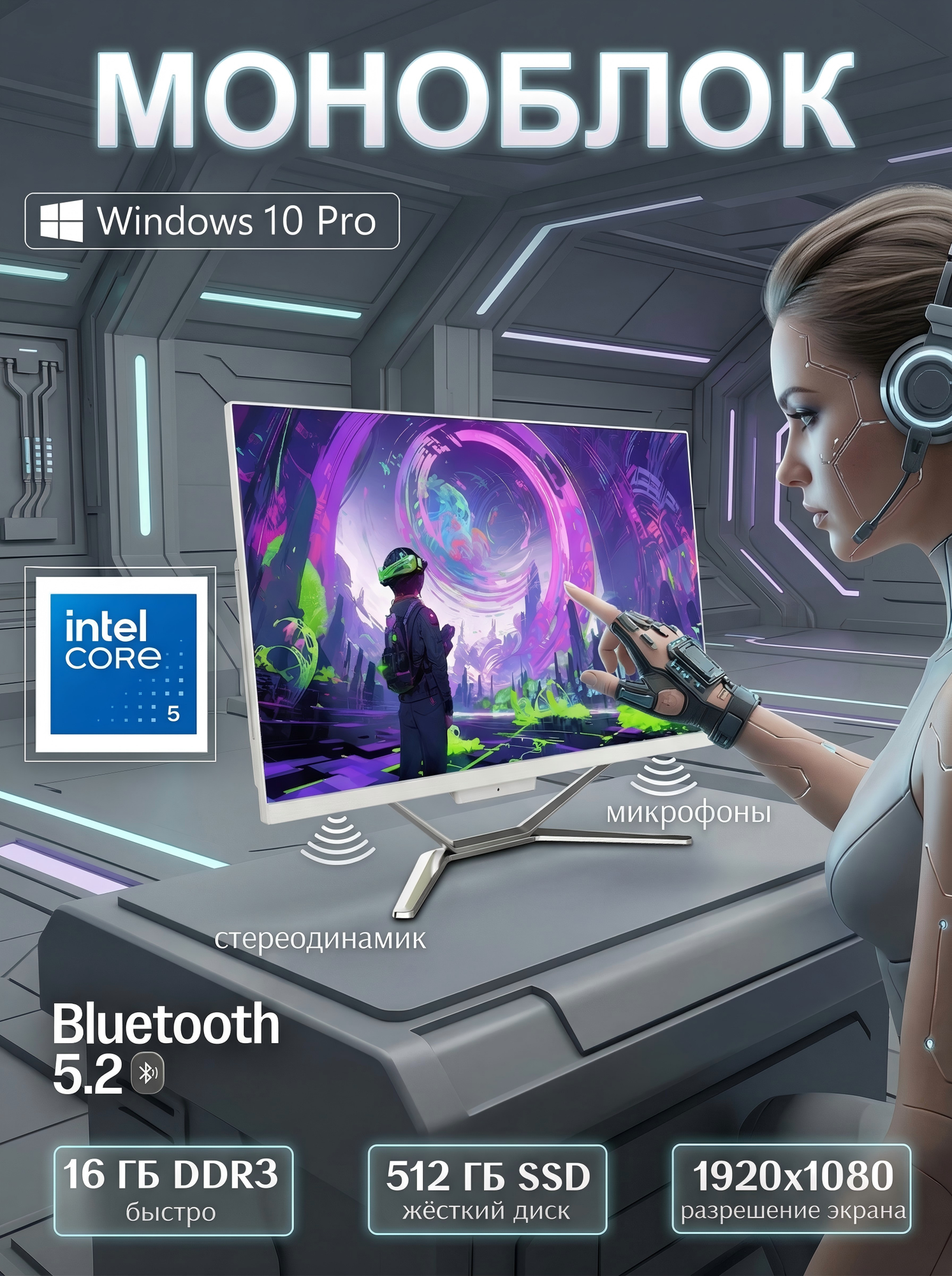 Моноблок 24", Intel Core i5 4570, Windows 10 pro, SSD 512ГБ, RAM 16ГБ, Wi-Fi/Bluetooth, белый