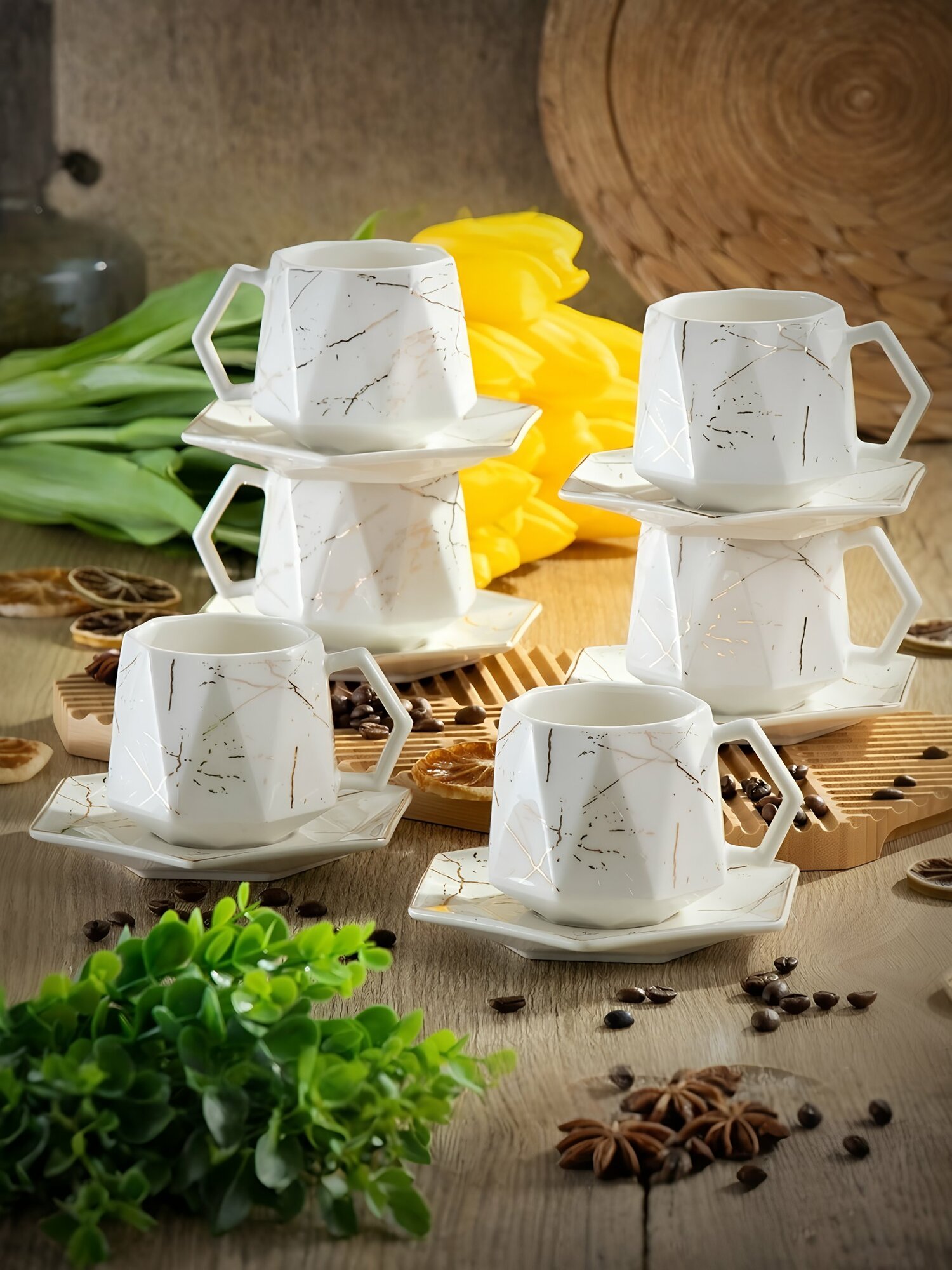 Набор чайный керамика, 12 предметов, на 6 персон, 180 мл, Белый мрамор, Y4-6605, подарочная упаковка