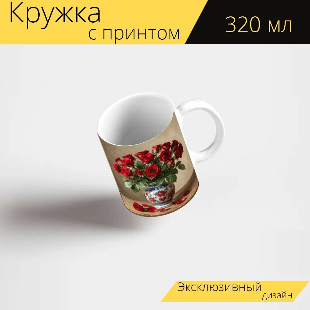 Кружка с рисунком, принтом "Красные розы в керамической вазе. Натюрморт с пышными алыми бутонами и зелёной листвой в расписном керамическом сосуде на деревянной поверхности." 320 мл.