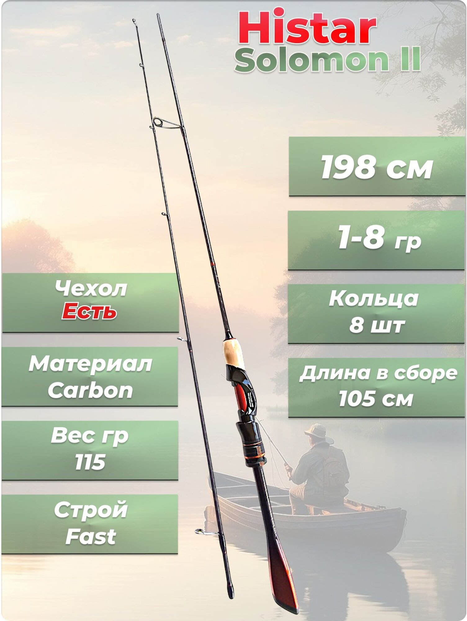 Спиннинг Jin Tai Histar Solomon II, 198см, тест 1-8гр, карбон, чехол