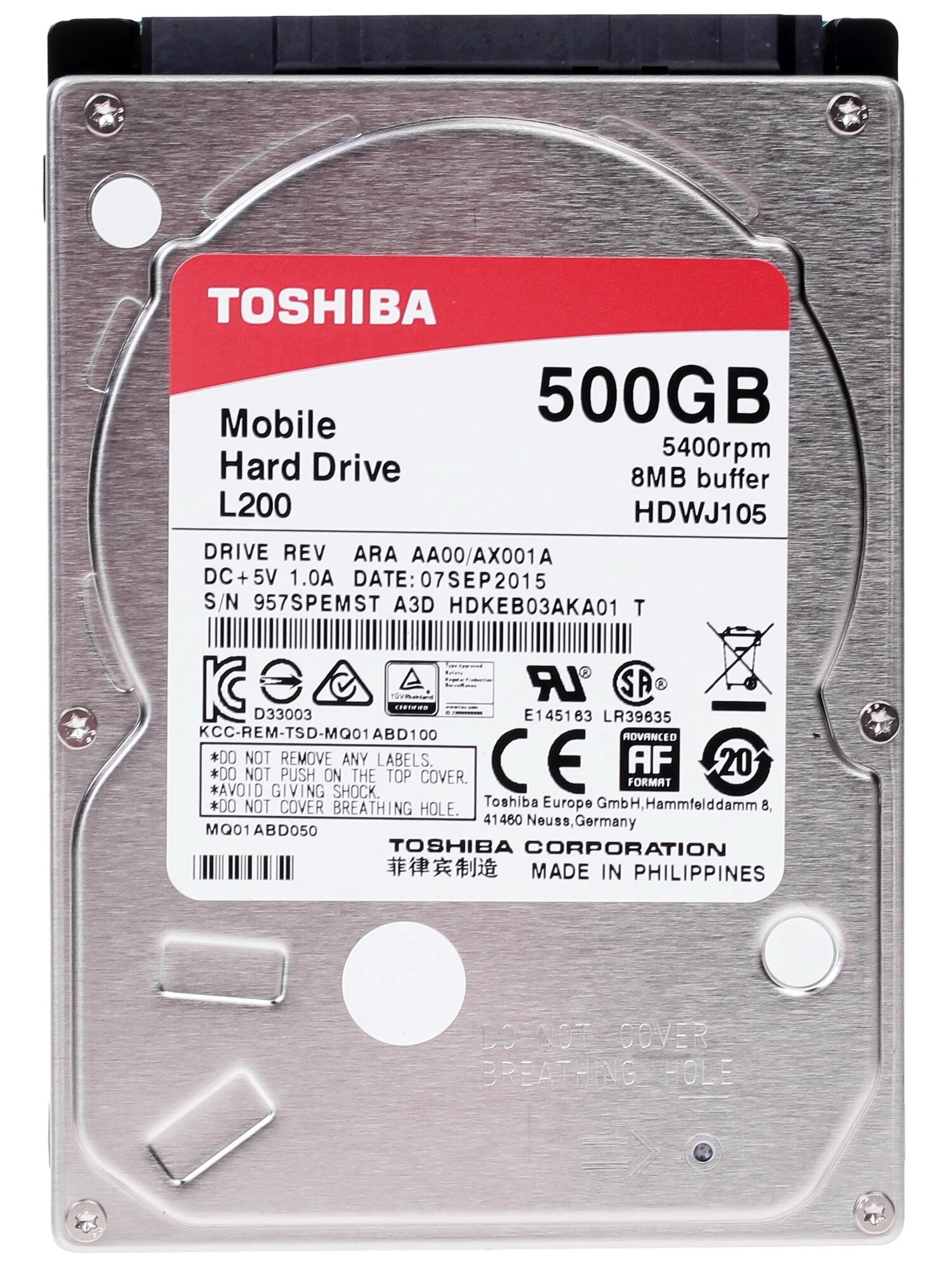 Жесткий диск HDD Toshiba L200 HDWJ105, для ноутбуков, 500Gb, 2.5", 5400 RPM
