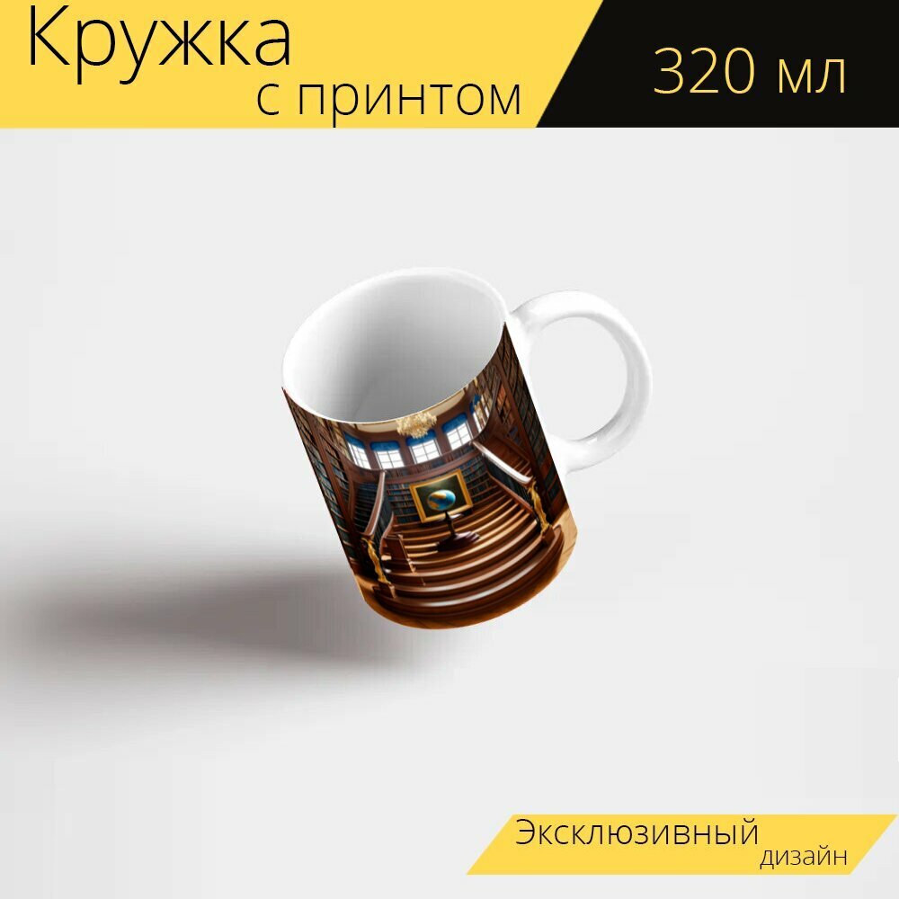 Кружка с рисунком, принтом "Величественная библиотека в викторианском стиле, где асимметричные лестницы ведут к книжным полкам, заполненным юридическими книгами с синими." 320 мл.