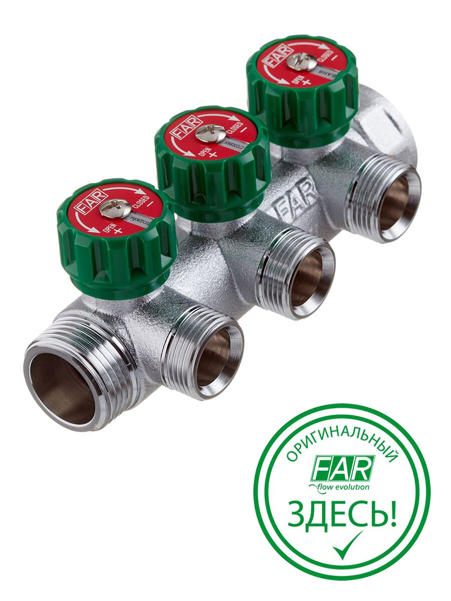 Коллектор регулируемый FAR 3/4"ВН на 3 отвода 1/2"EU, с вставкой под плоское уплот, FK 3822 3412UN