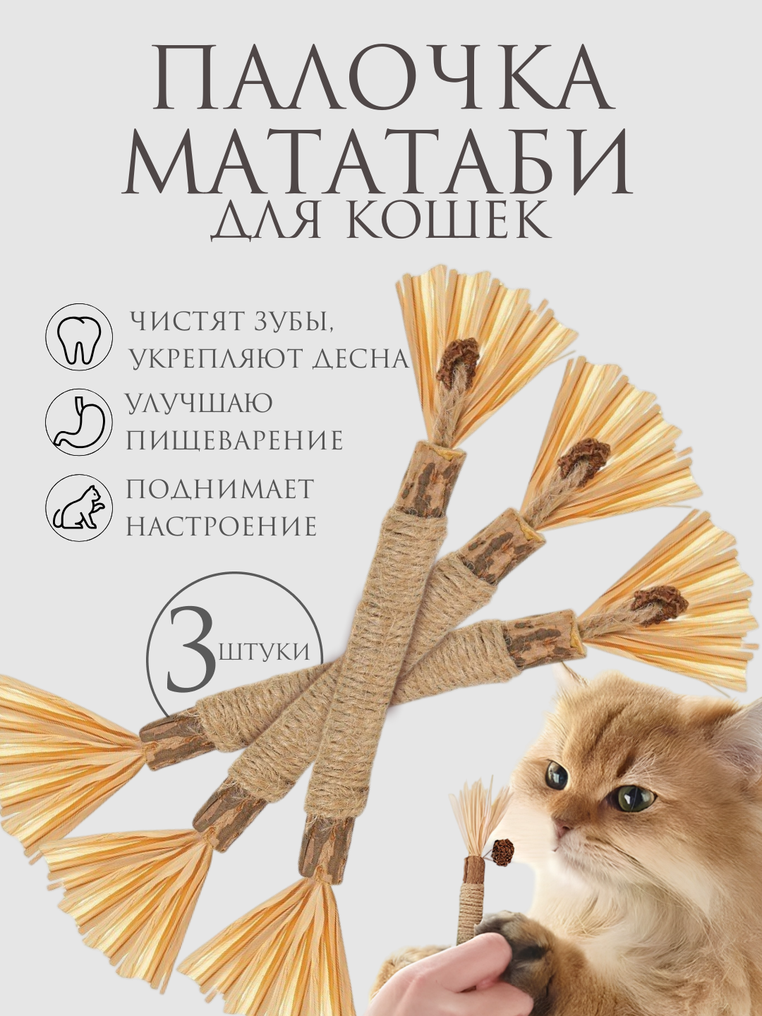 Натуральная игрушка для кошек для чистки зубов 3 штуки, палочка-дразнилка Мататаби для котят