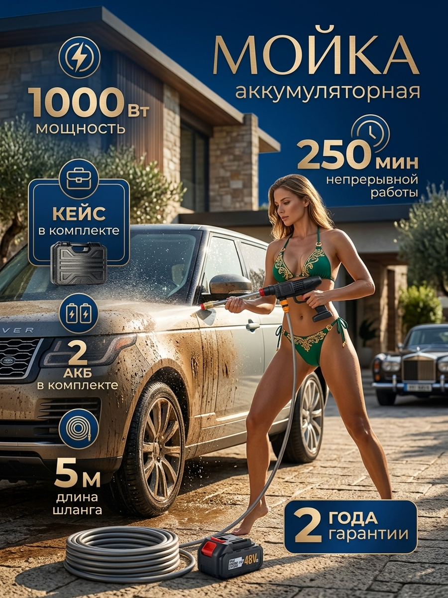 Аккумуляторная автомойка , высокого давления , для автомобиля в кейсе, 2 аккумулятора, минимойка с пенообразователем
