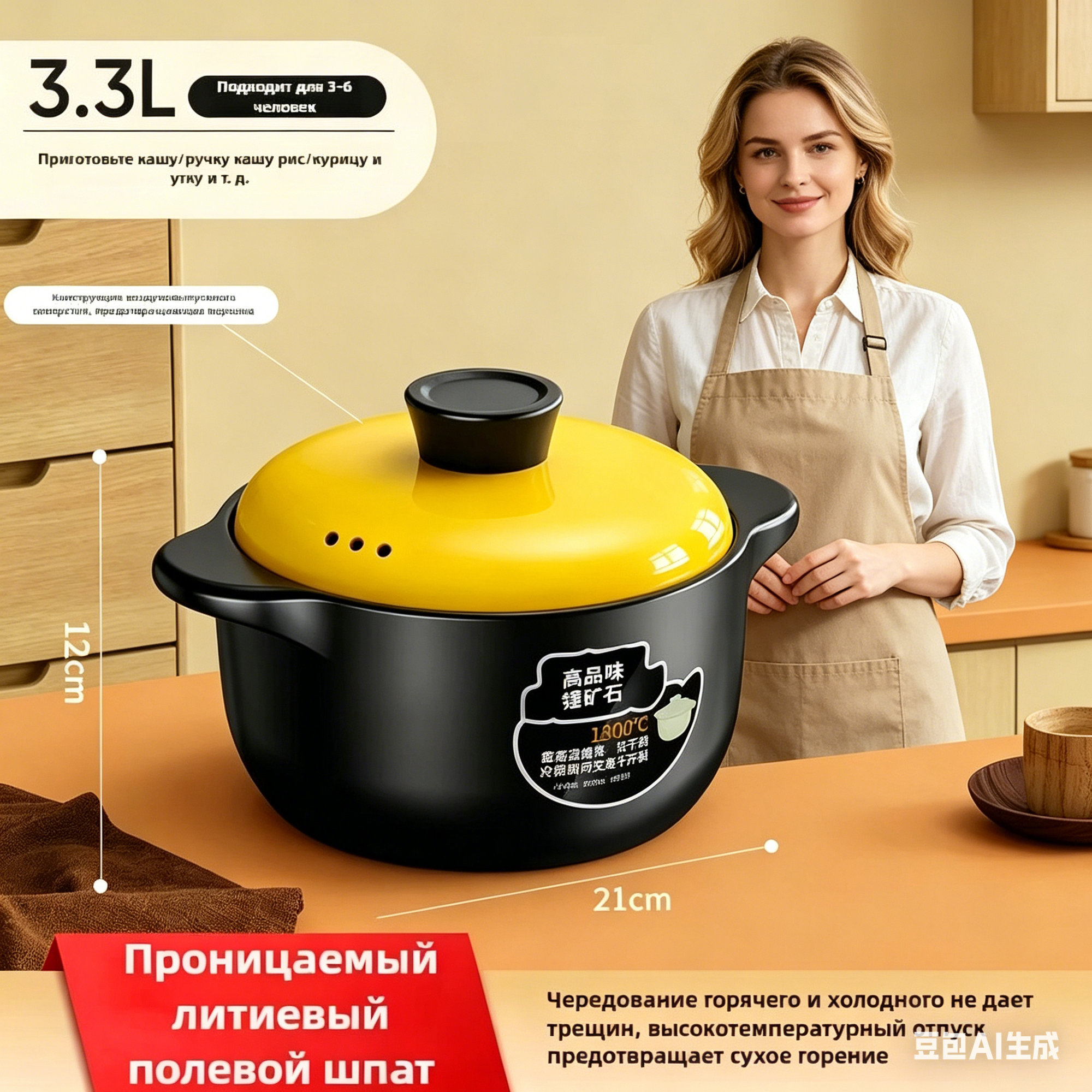 Керамическая кастрюля для супа и тушения с защитой от пригорания, объем 1-6 л, для газовой плиты, из натуральной глины
