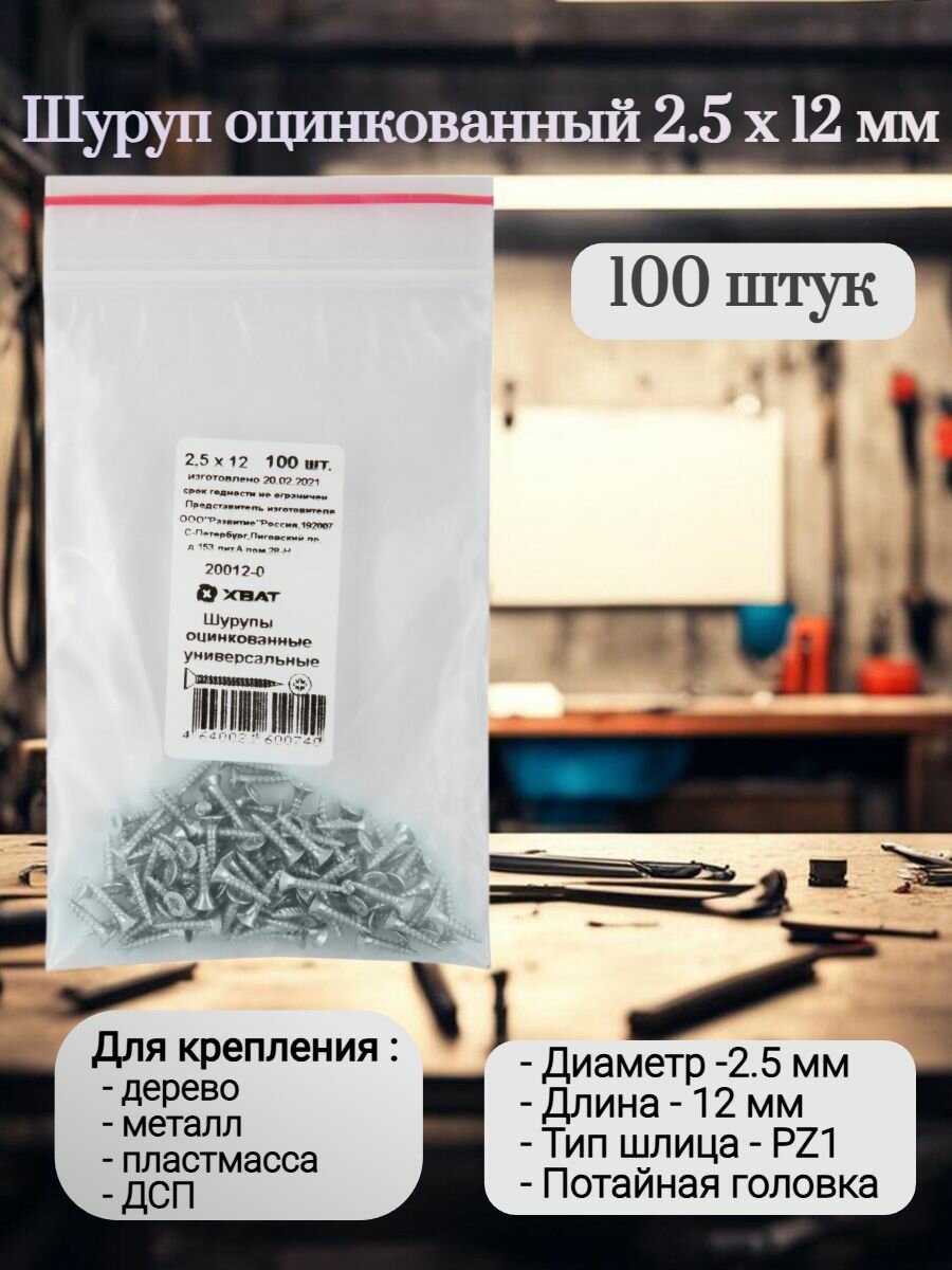 Хват Шурупы оцинкованные, универсальные 2,5 х 12 мм - 1 упаковка 100 штук