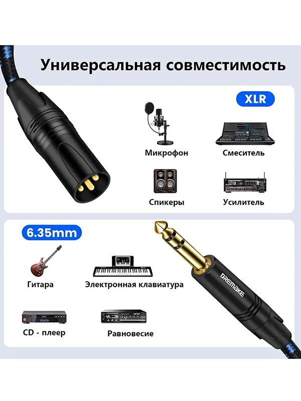 Аудиокабель 6.3 мм/XLR, 6.3 мм, 1 м, черный, синий