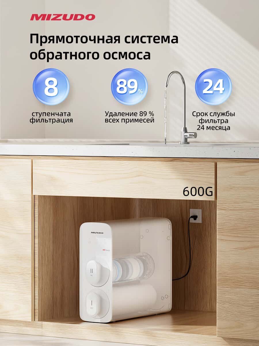 Фильтр для воды под мойку Mizudo WP600A0W 600GPD / система очистки воды / осмос