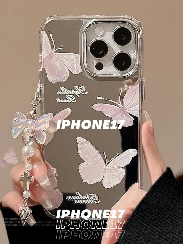 Фирменный стильный чехол-зеркало с подвеской-бабочкой для iPhone 16 Pro Max блеск, мода и надёжность