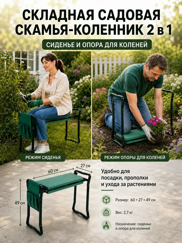 Скамейка-перевёртыш, карман для инструментов, цвет зелёный, 60x49x27 см