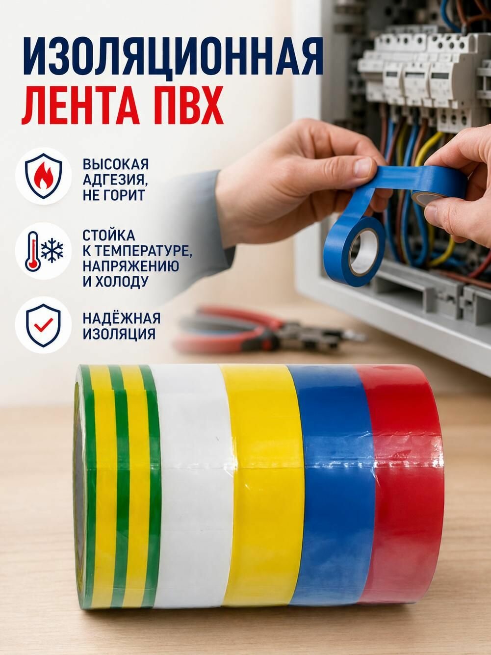 Изолента ПВХ 15 мм х 10 м, 5 рулонов разных цветов