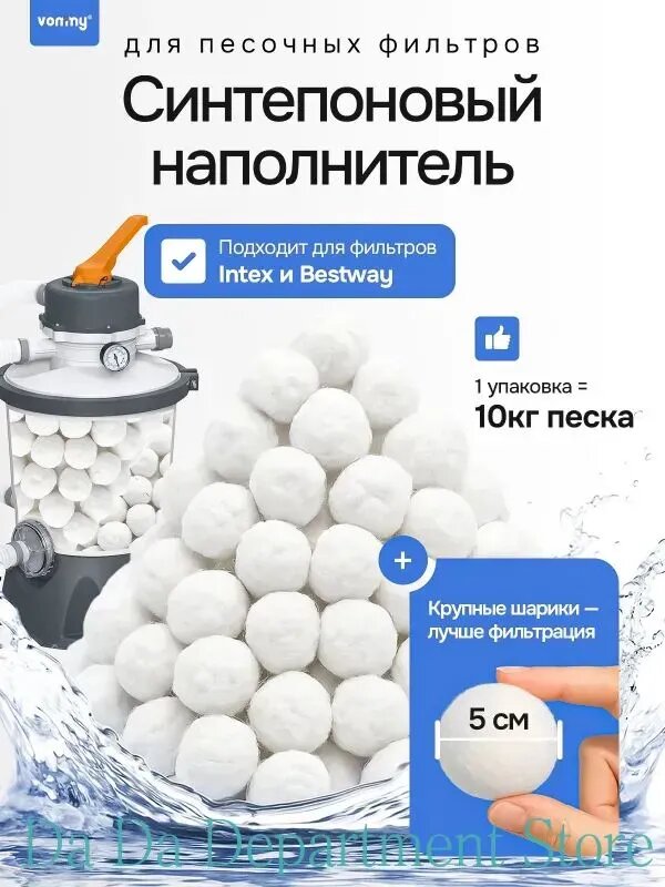 Наполнитель для песочного фильтра бассейна Vommy, синтепоновые шарики (заменяет 10 кг песка), фильтрующий элемент для очистки воды