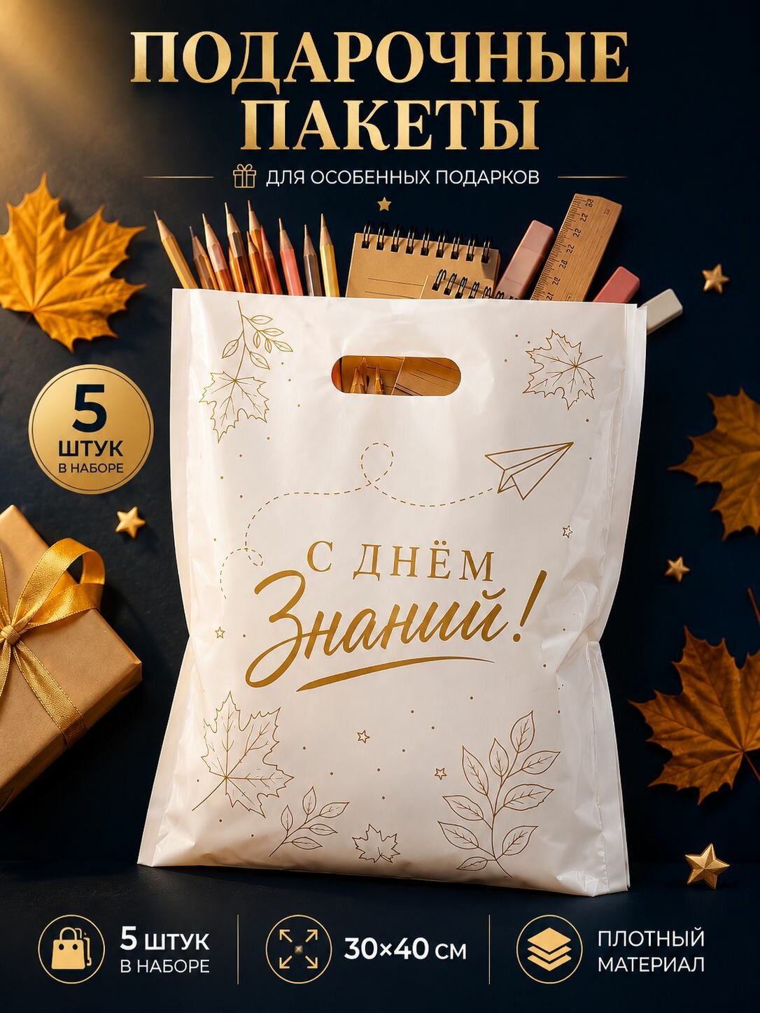 Подарочный пакет на 1 Сентября 30*40 см, 5 шт, для учителя, цветов и подарков, День знаний