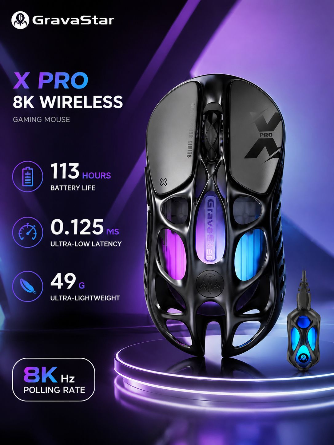 Беспроводная игровая мышь GravaStar Mercury X Pro, магниевый сплав, 49г, сенсор PAW3950, 8000 Гц, Bluetooth/2.4G/Wired