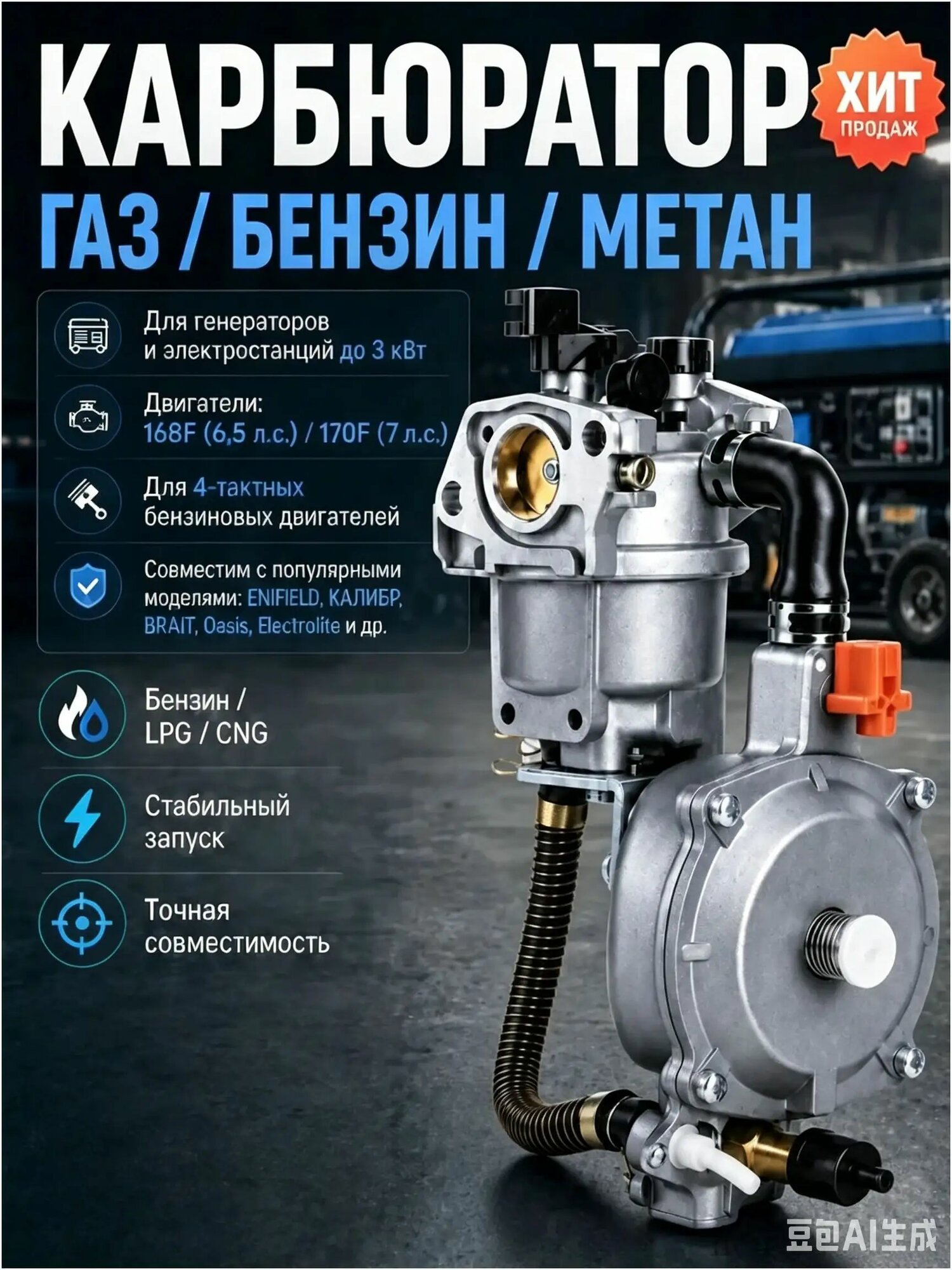 Карбюратор BRAIT BR-168F-2 тройной топливо газ бензин метан для электростанции 3кВт 168F/170F долговечный